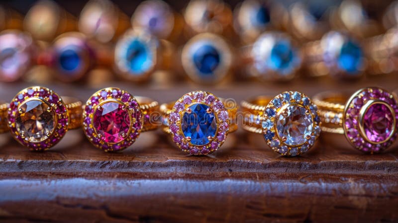 Row of Different Colored Rings on Wooden Table Stock Photo - Image of ...
