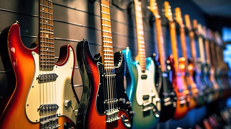 A Row of Different Electric Guitars Hanging in a Modern Musical Shop ...
