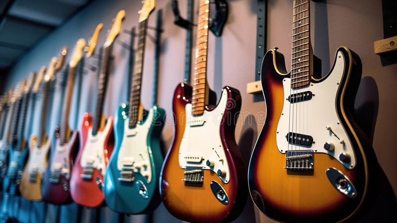 A Row of Different Electric Guitars Hanging in a Modern Musical Shop ...