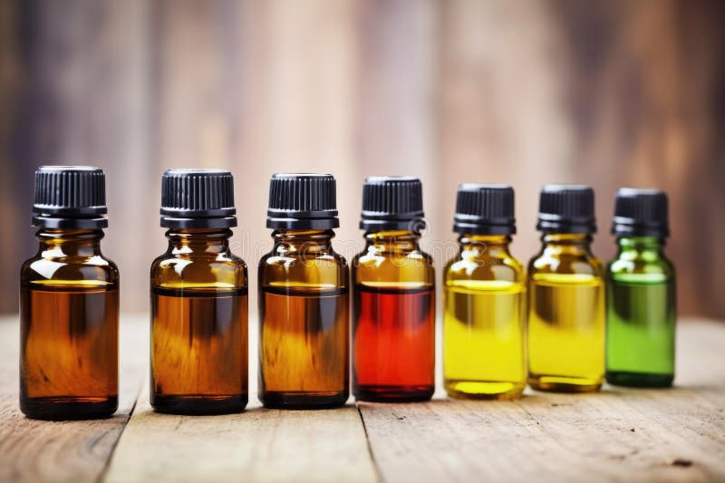 A Row of Different Essential Oil Bottles Stock Photo - Image of ...