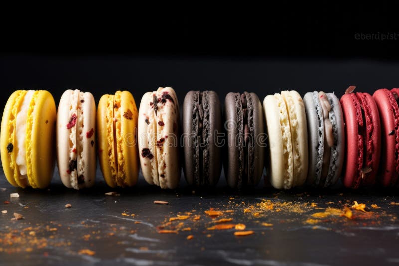 A Row of Different Flavored Macarons with Ingredient Labels Stock Photo ...