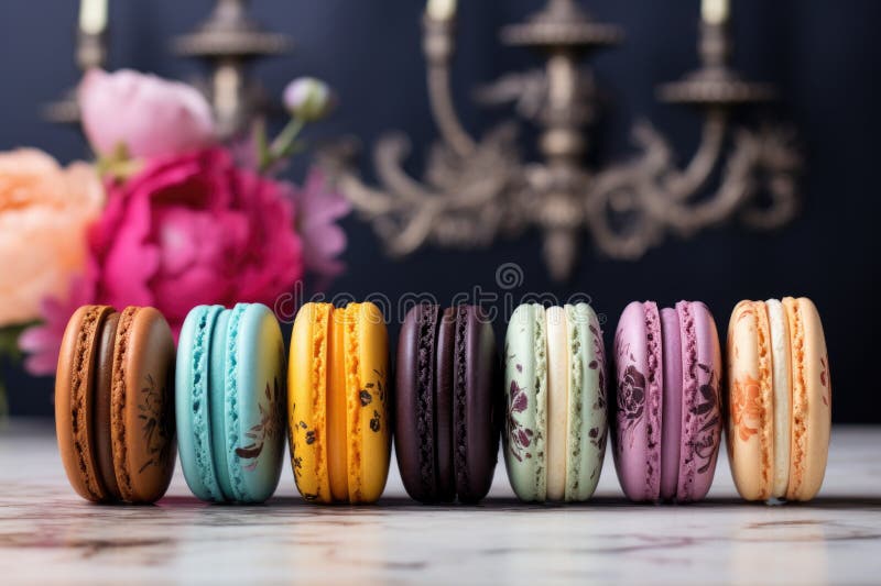 A Row of Different Flavored Macarons with Ingredient Labels Stock Photo ...