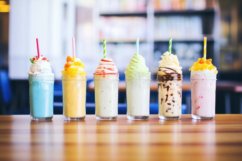 Row of Different Flavored Milkshakes with Whipped Cream Stock Image ...