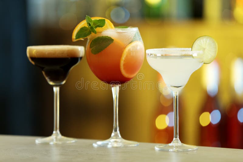 Row of Different Fresh Alcoholic Cocktails on Bar Stock Image - Image ...