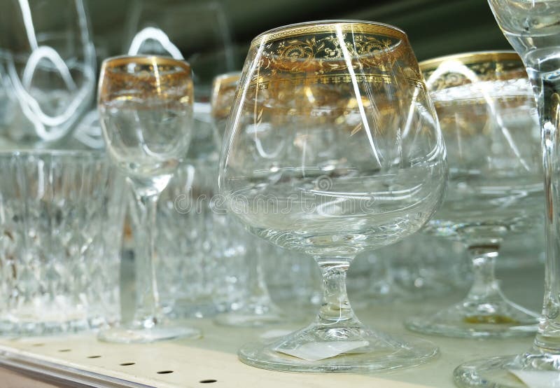 Row of Different Glass Goblets. Barware, Close-up Stock Image - Image ...