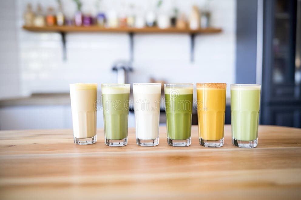 A Row of Different Lattes with Matcha Latte in the Center Stock ...