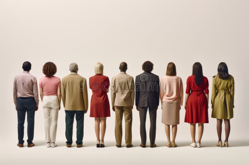 Row of Different Men and Women Standing with Their Backs on a White ...