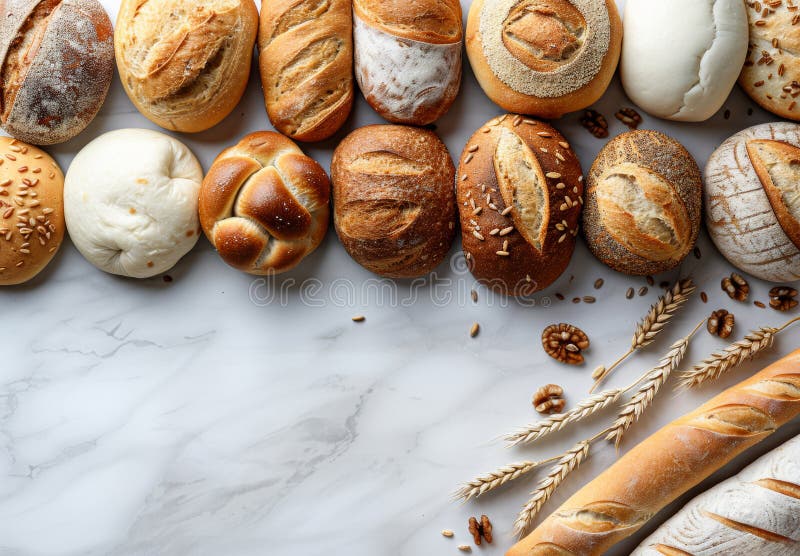A Row of Different Types of Bread and a Bunch of Nuts Stock Image ...
