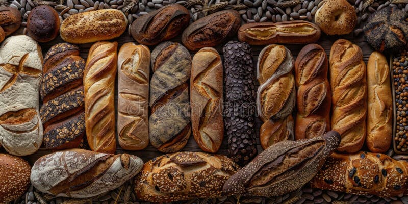 Row Different Types Bread Table Breads Various Shapes Sizes Stock ...