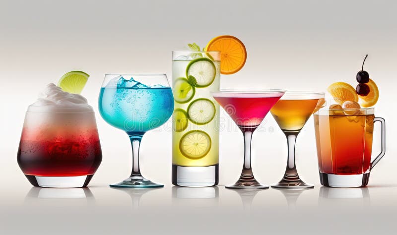 A Row of Different Types of Cocktails in Different Glasses Stock Image ...