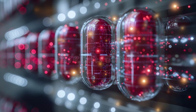 Row of Digital Capsules in a Futuristic Lab Stock Illustration ...