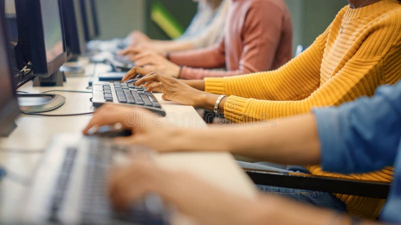 Row of Diverse Group of Multi-Ethnic People Works on PC. Office Team of ...