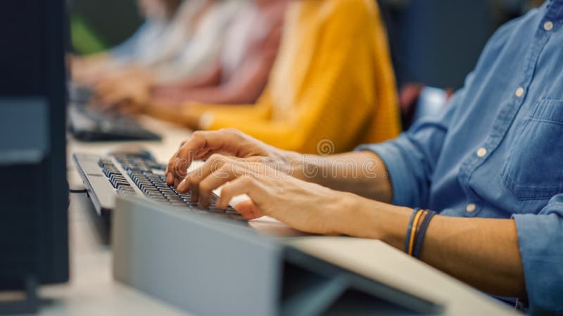 Row of Diverse Group of Multi-Ethnic People Works on PC. Office Team of ...