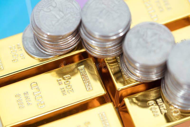 A Row of Dollar Coins on Gold Bars Stock Image - Image of management ...
