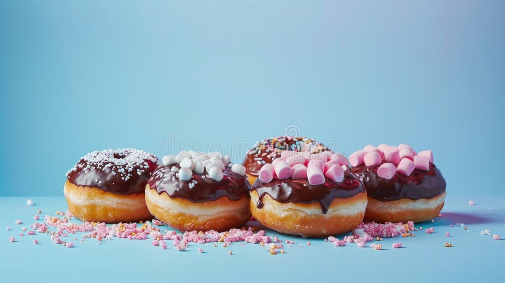 A Row of Donuts with Different Toppings, Including Chocolate and ...