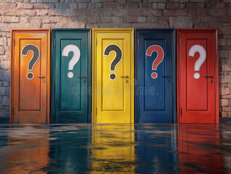 Row of Doors with a Question Mark on Each One Stock Image - Image of ...