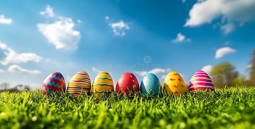 Row of Easter Eggs in Fresh Green Grass Stock Illustration ...