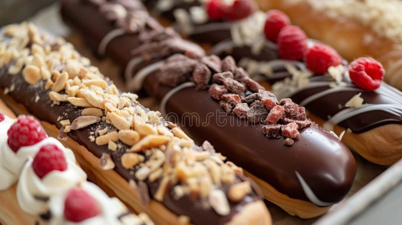 A Row of Eclairs with Chocolate Glaze and Various Toppings on a Platter ...
