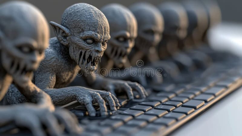 Grotesque Creatures Typing on Keyboards in a Surreal Digital Setting ...