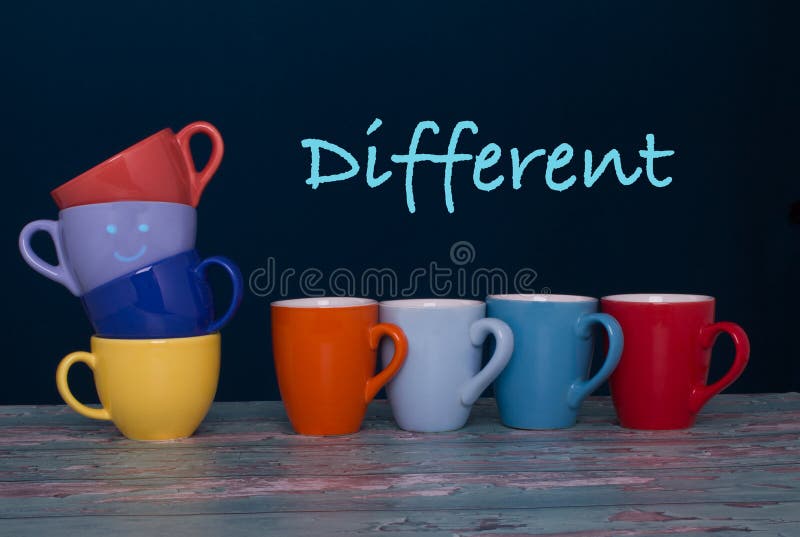 Row of Eight Different Cups of Coffee of Vibrant Colors. Stock Image ...
