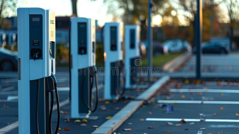 A Row of Electric Car Charging Stations are Lined Up in a Parking Lot ...
