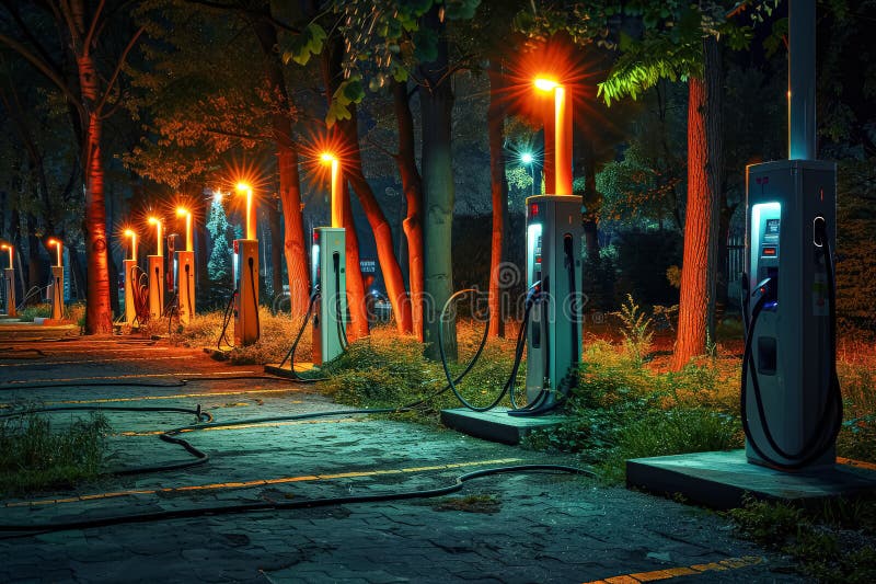 Row of Electric Car Charging Stations are Lit Up at Night Stock Image ...