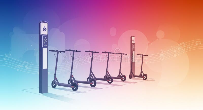 Row of Electric Scooters Parked at Charging Stations. the Scooters are ...