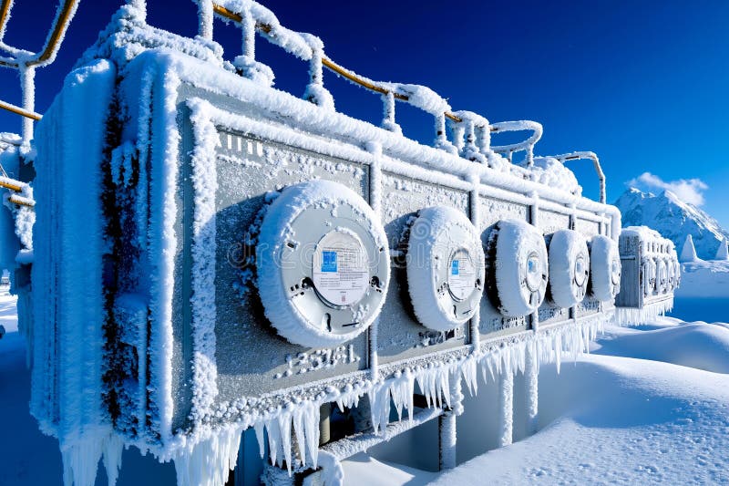 A Row of Electrical Meters Covered in Ice and Icicles Stock Photo ...