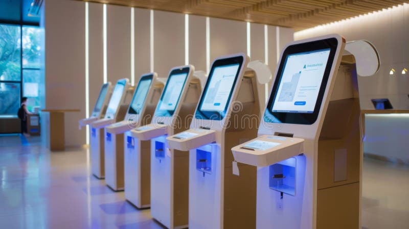 Row of Electronic Kiosks in Lobby Stock Photo - Image of indoors ...