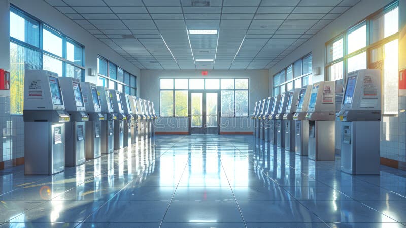 Row of Electronic Voting Machines in a Sunlit Empty Polling Station ...