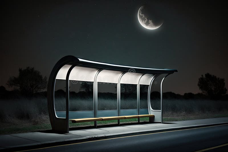 A Row of Empty Bus Stops with the Moon Above, Surrounded by Silence and ...