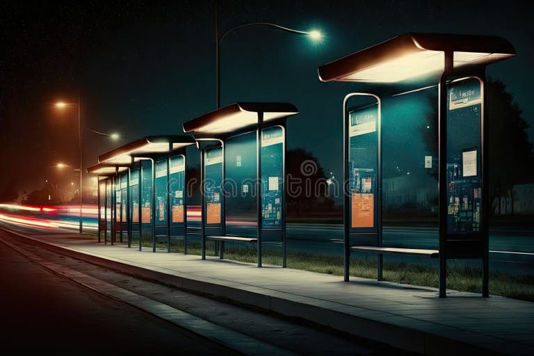 A Row of Empty Bus Stops, with Their Stop Lights Shining Bright in the ...