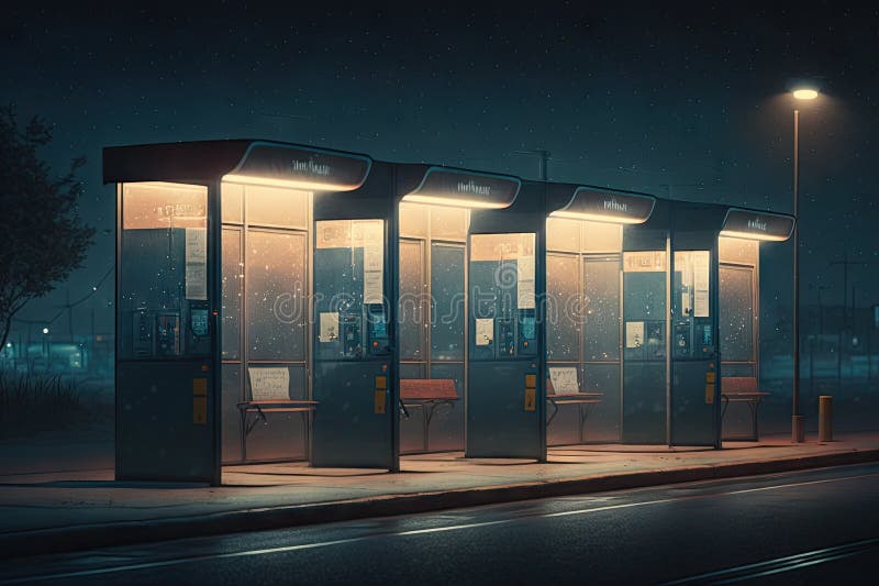 A Row of Empty Bus Stops, with Their Stop Lights Shining Bright in the ...