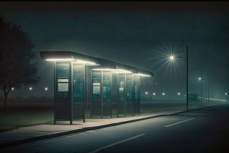 A Row of Empty Bus Stops, with Their Stop Lights Shining Bright in the ...