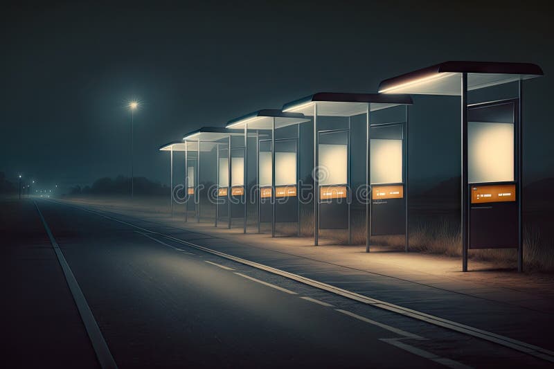 A Row of Empty Bus Stops, with Their Stop Lights Shining Bright in the ...