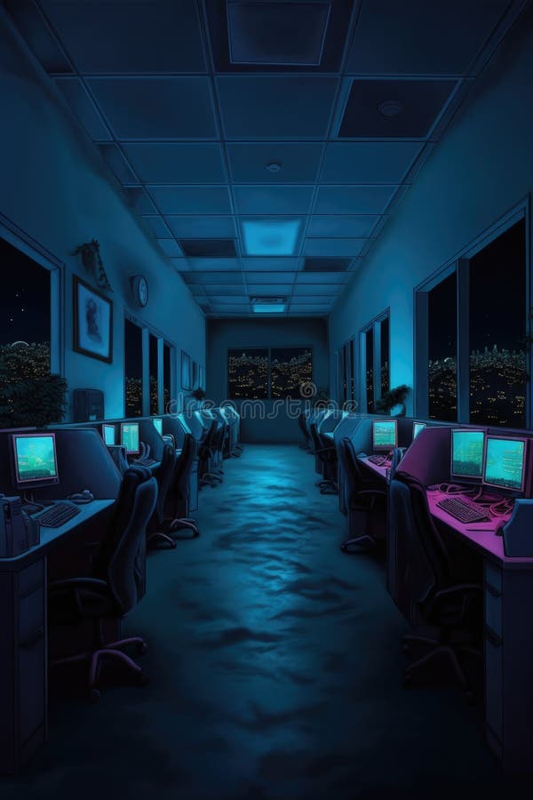 Row of Empty Call Center Workstations, Night Scene Stock Illustration ...