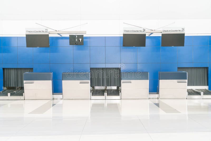 Row empty check-in desks stock photo. Image of journey - 91150674