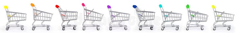 Row of Empty Shopping Baskets or Grocery Carts in Different Colors ...