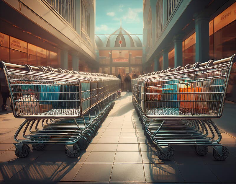 A Row of Empty Shopping Carts in a Deserted Mall Versus a Crowded ...