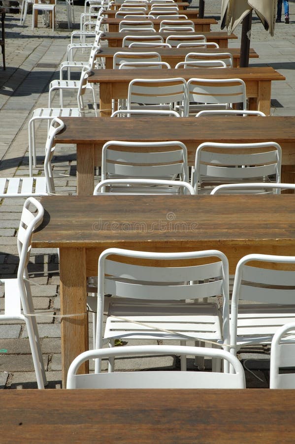 Row of Empty Tables and Chairs Stock Photo - Image of street, alfresco ...