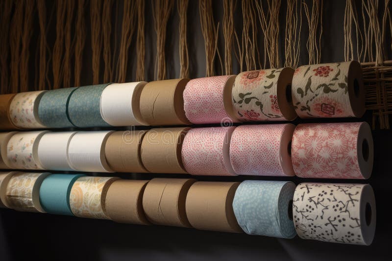 Row of Empty Toilet Paper Rolls, Each with Different Pattern Stock ...