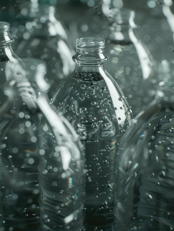 A Row of Empty Water Bottles with a Clear Bottle in the Middle Stock ...