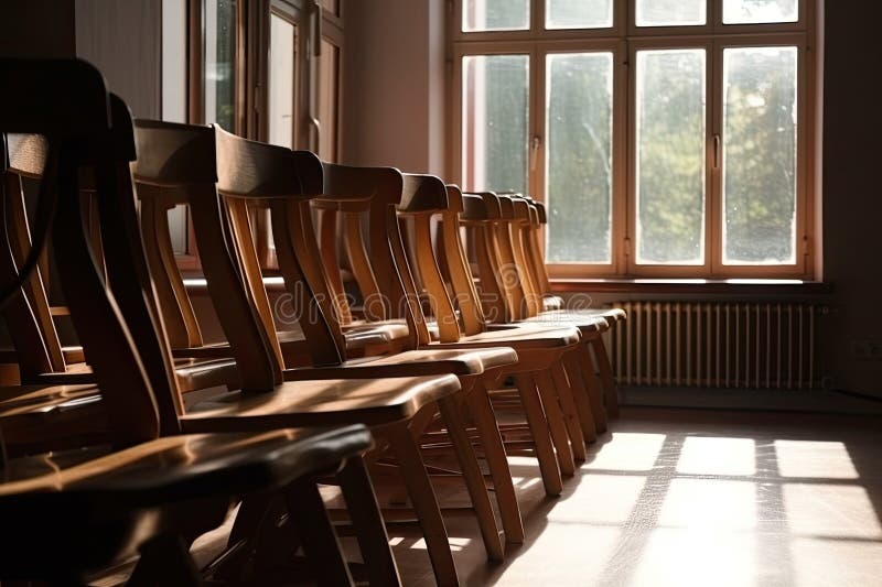 Row of Empty Wooden Chairs in a Classroom with Window View Stock ...