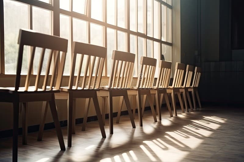 Row of Empty Wooden Chairs in a Classroom with Window View Stock Image ...