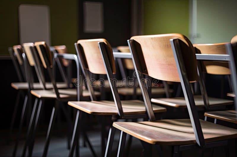 Row of Empty Wooden Lecture Chairs in Modern Classroom Setting, with ...