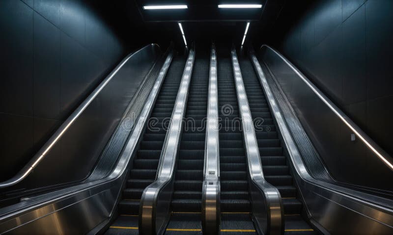 A Row of Escalators Leading Upwards in a Dimly Lit Subway Station Stock ...
