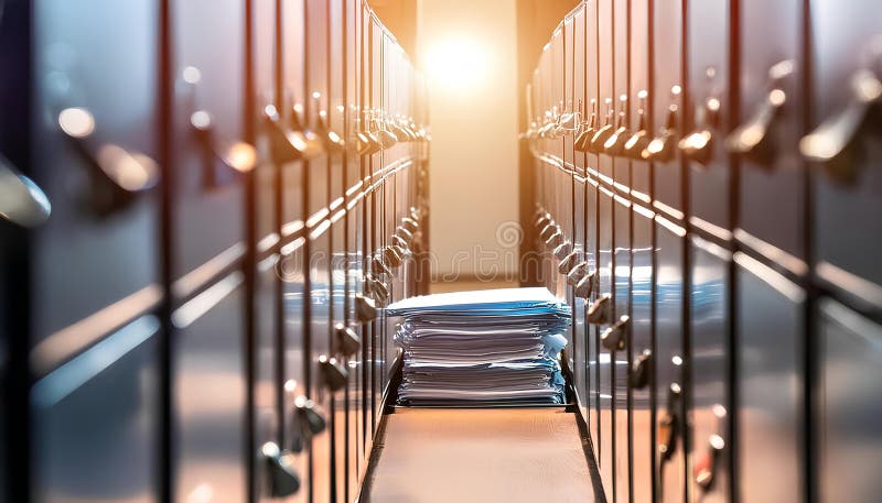 A Row of Filing Cabinets with a Stack of Papers on the Floor Stock ...