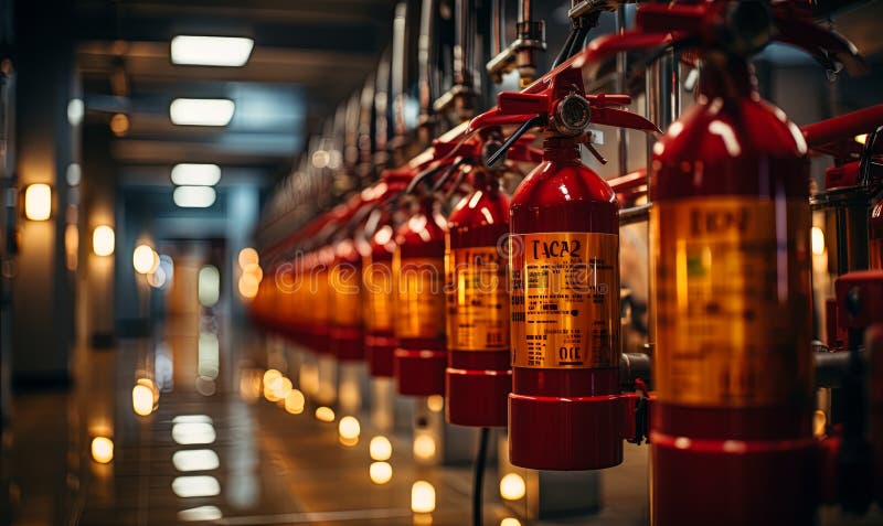 Row of Fire Extinguishers in Hallway Stock Photo - Image of hallway ...