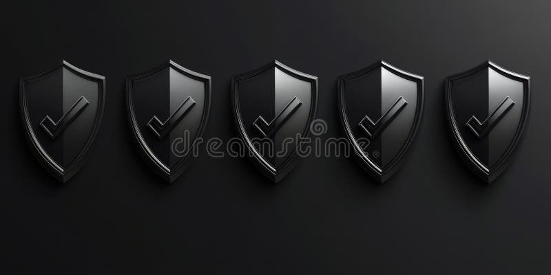 Row of Five Black Shields with a Check Mark on Them Stock Image - Image ...