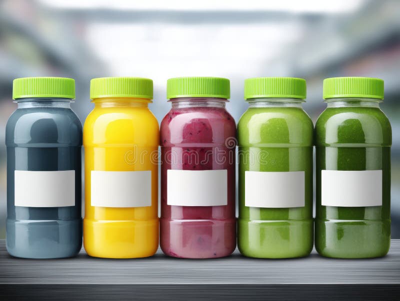 Row of Five Bottles of Juice, Each with a Different Color Stock ...